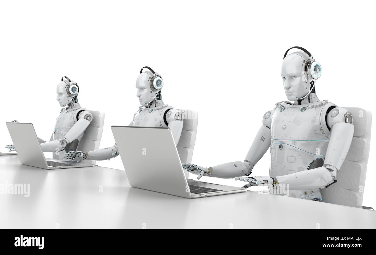 3d rendering humanoid robot working with headset and notebook Stock Photo - Alamy