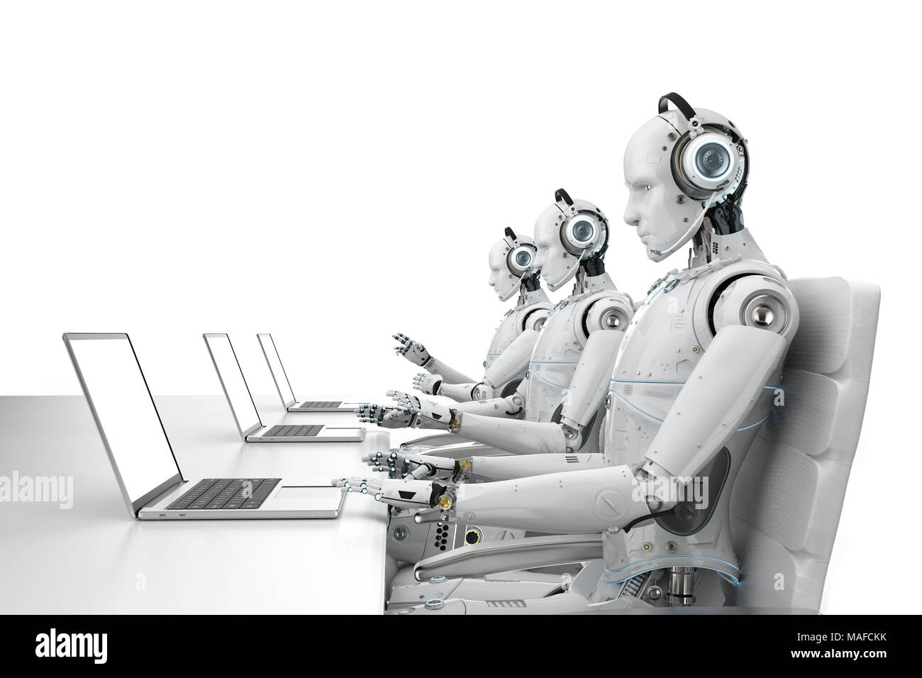 3d rendering humanoid robot working with headset and notebook Stock ...