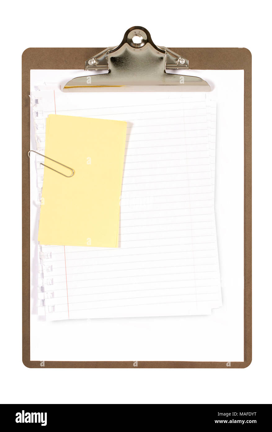 Ordinary clipboard with plain paper and yellow sticky notes isolated on ...