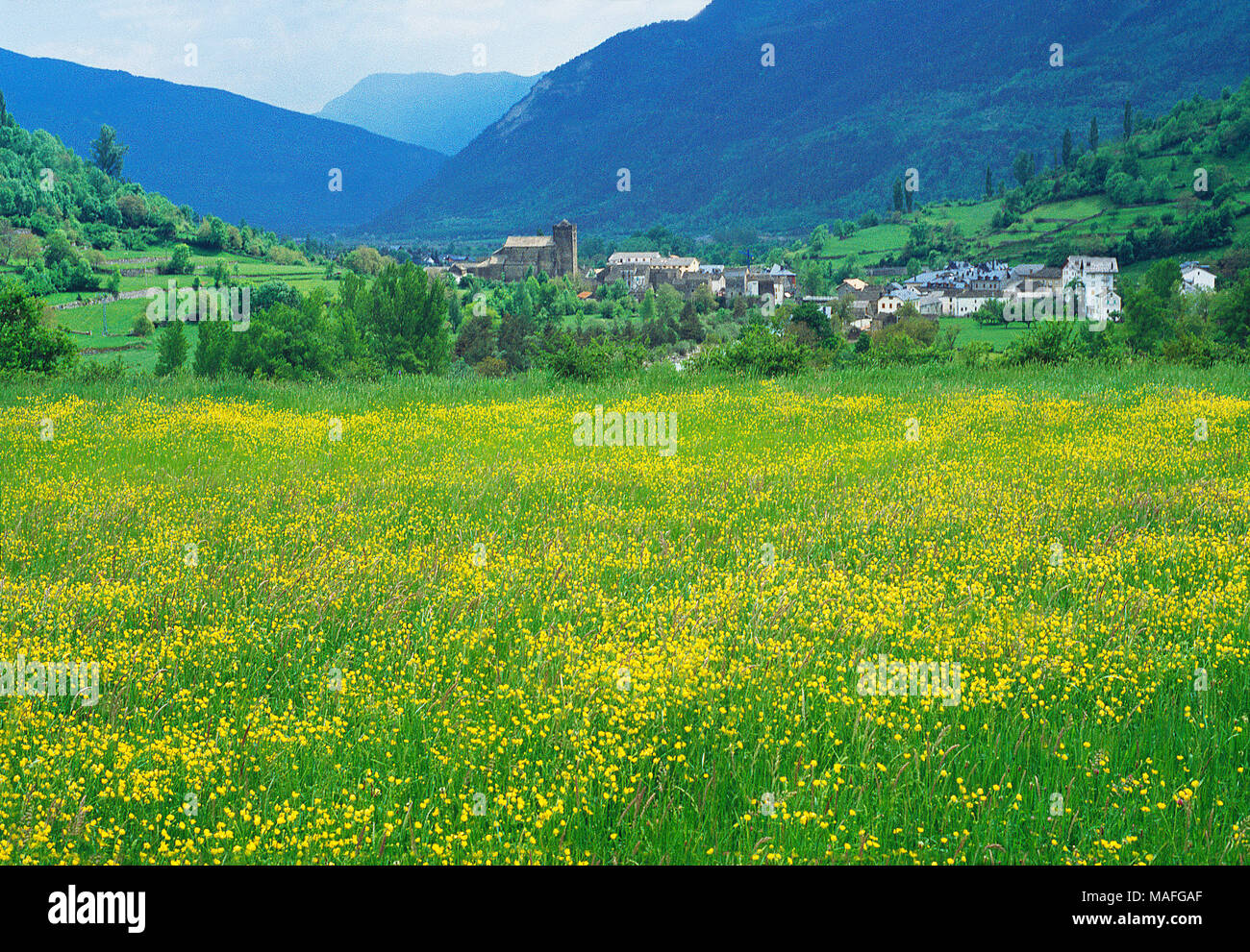 Overview of the village and the valley. Broto, Huesca province, Aragon ...