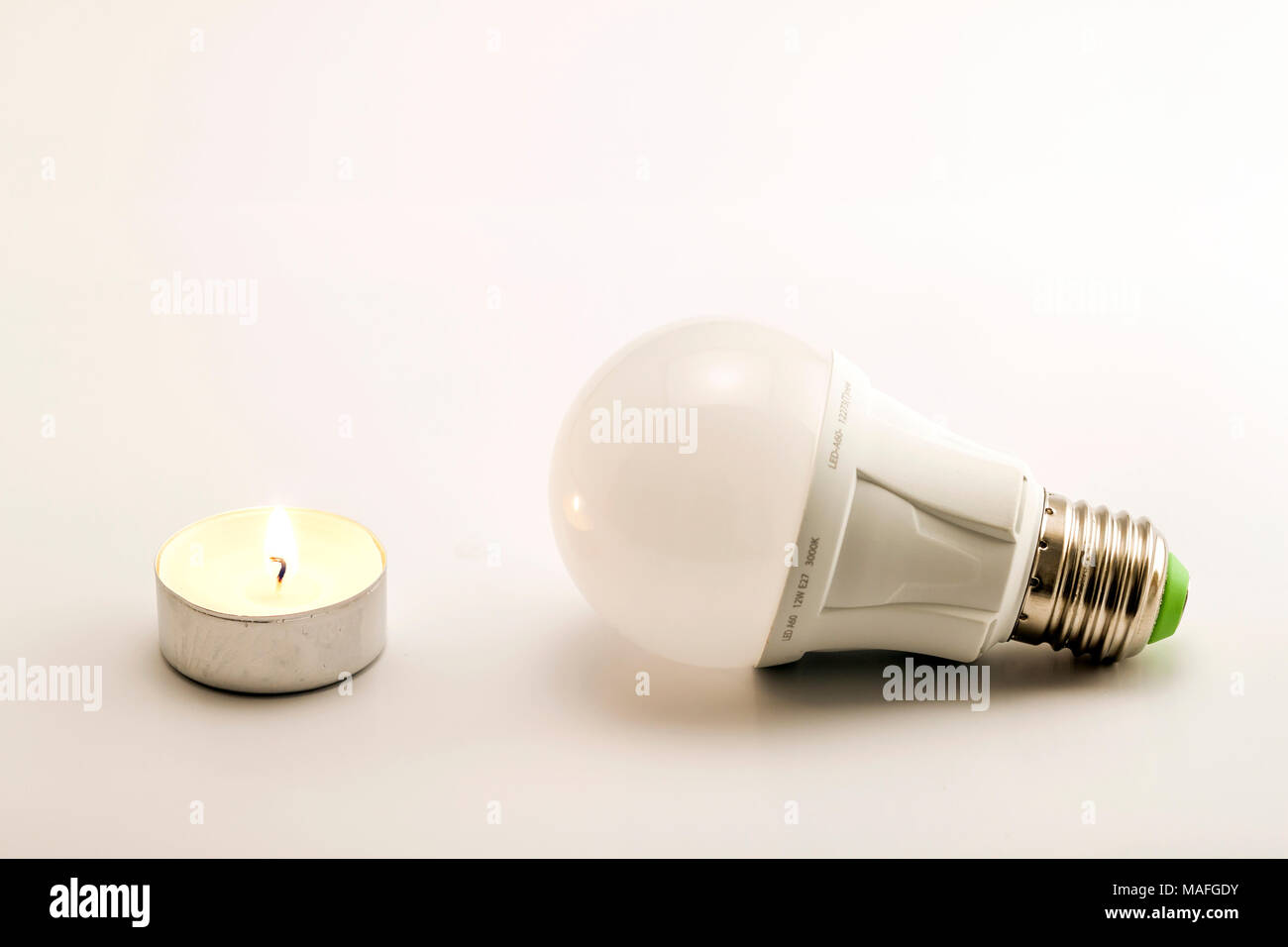 Progress of lighting displayed with candle and LED bulb. Evolution of ...
