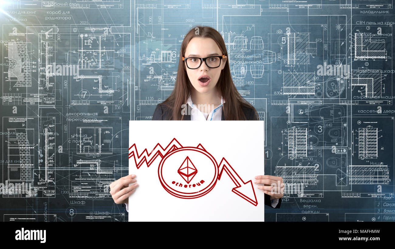 Ethereum sketch with young businesswoman in a suit with longhair and ...