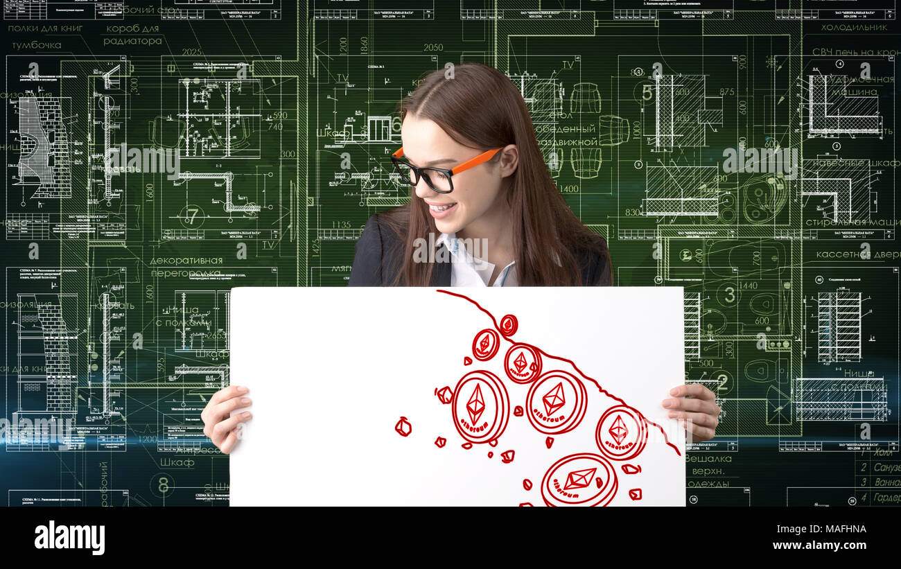 Ethereum sketch with young businesswoman in a suit with longhair and ...