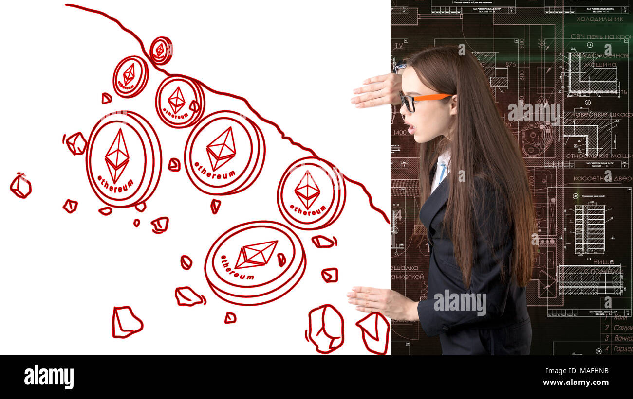 Ethereum sketch with young businesswoman in a suit with longhair and ...