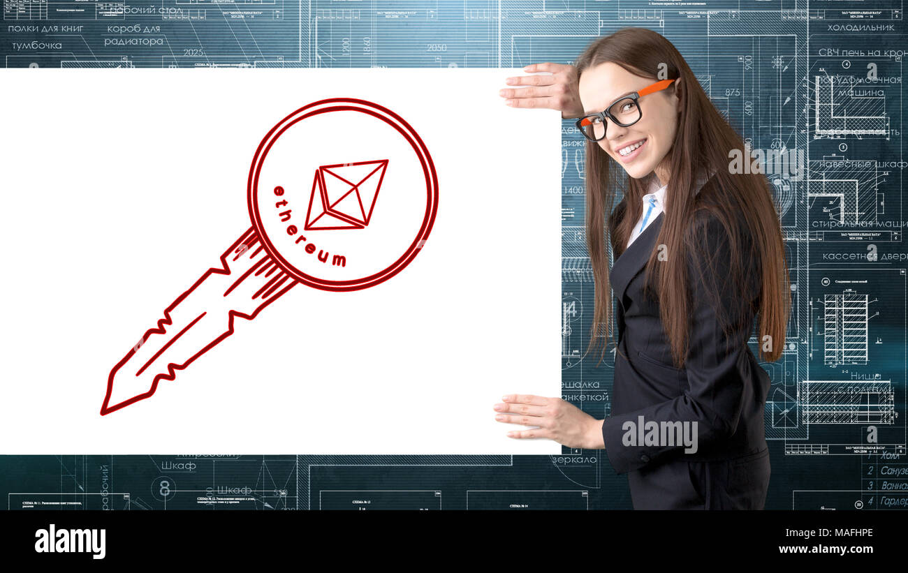 Ethereum sketch with young businesswoman in a suit with longhair and ...