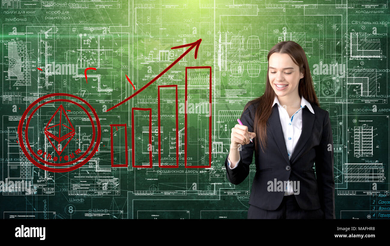 Ethereum sketch with young businesswoman in a suit with longhair and ...