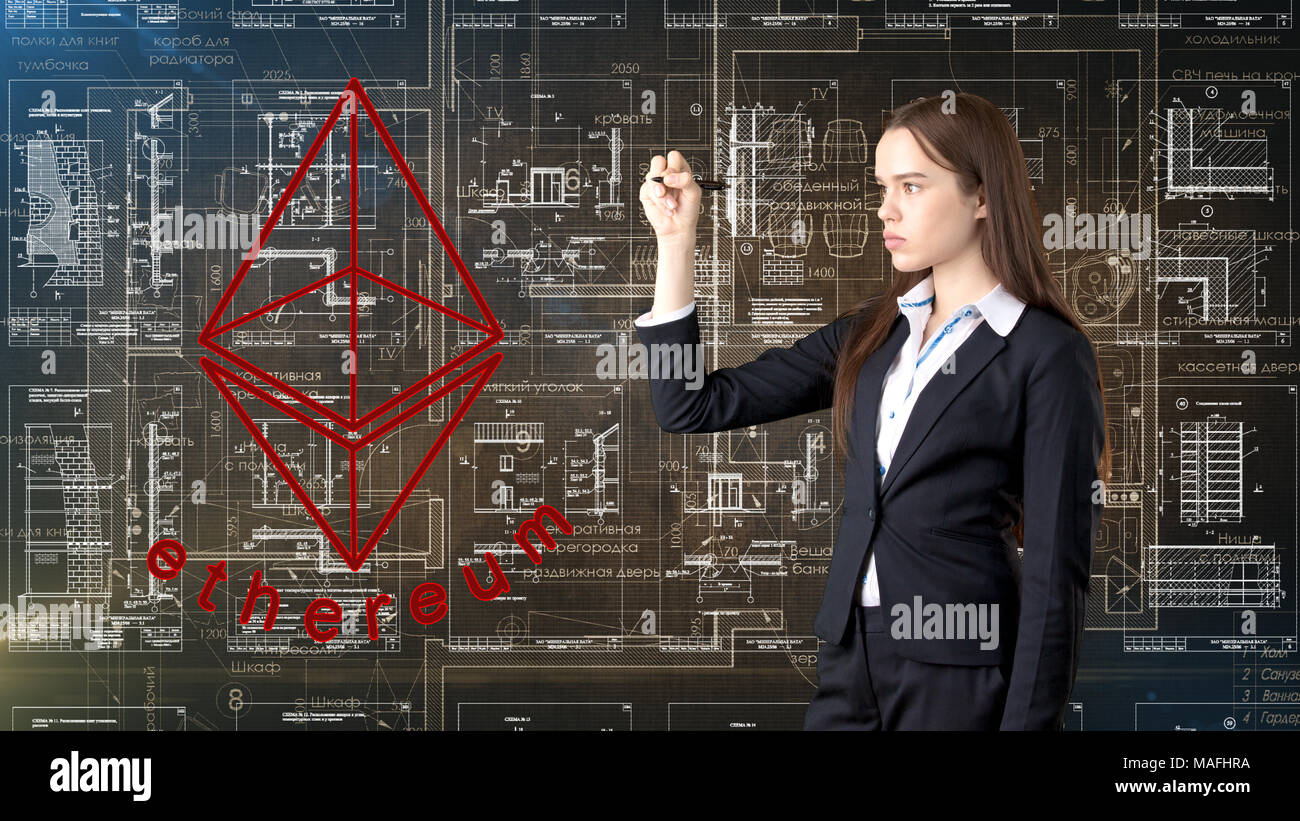 Ethereum sketch with young businesswoman in a suit with longhair and ...