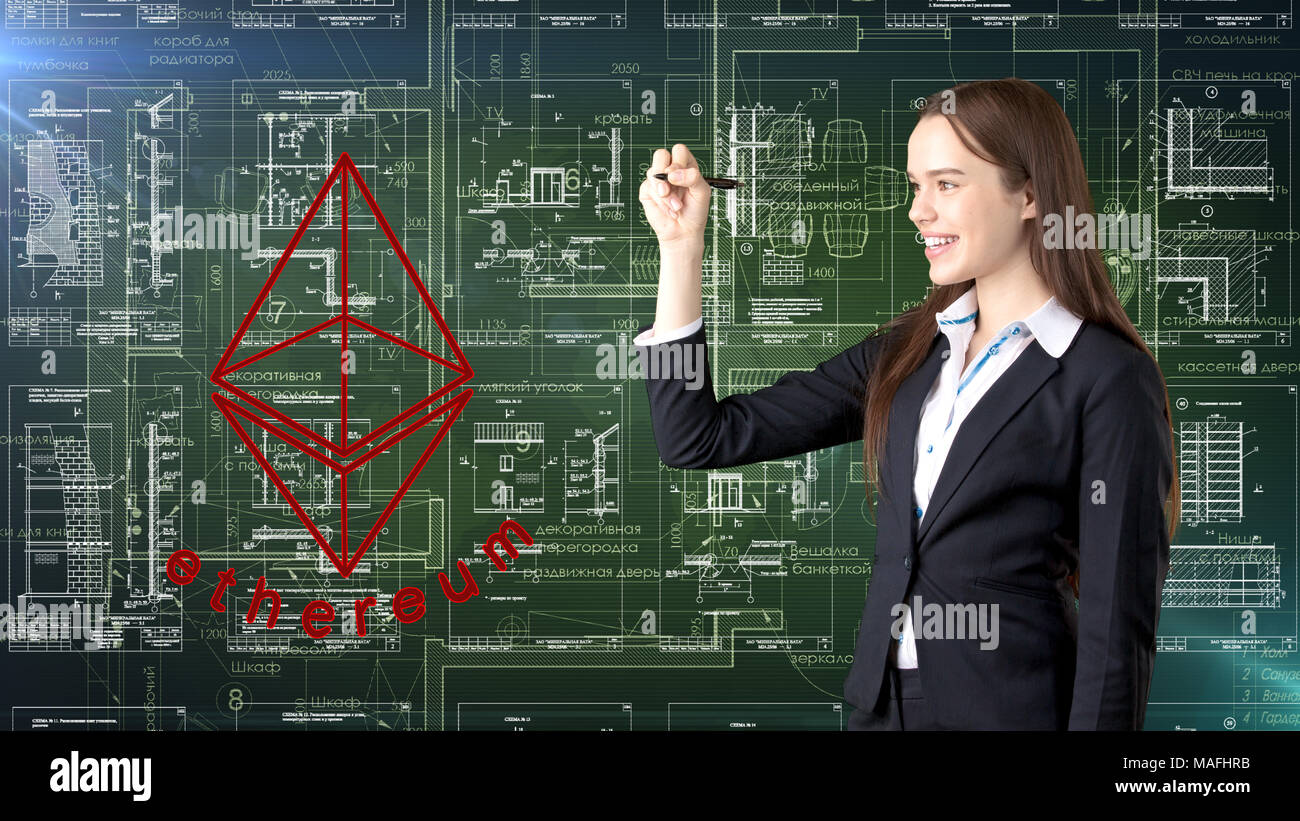 Ethereum sketch with young businesswoman in a suit with longhair and ...