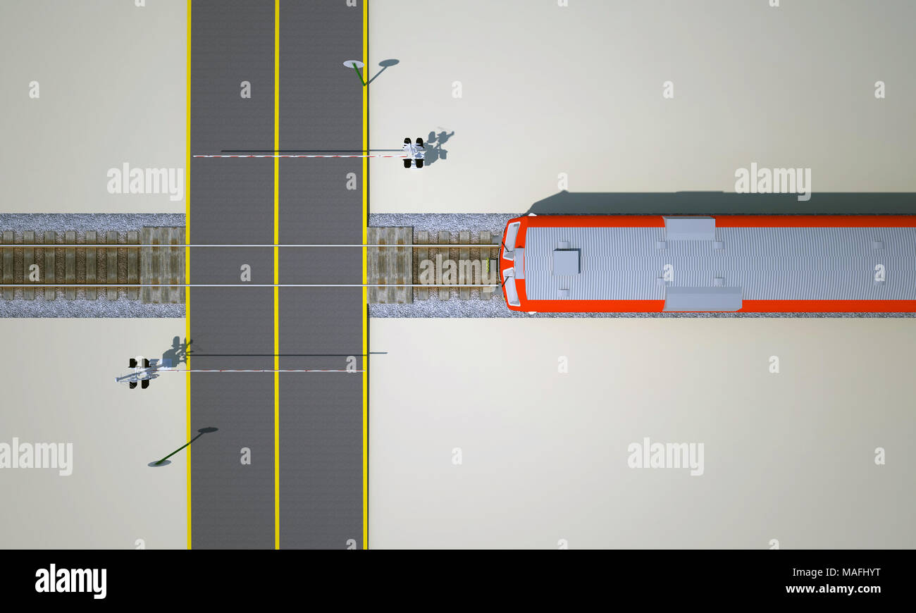 railroad crossing with train top view. 3d rendering Stock Photo - Alamy