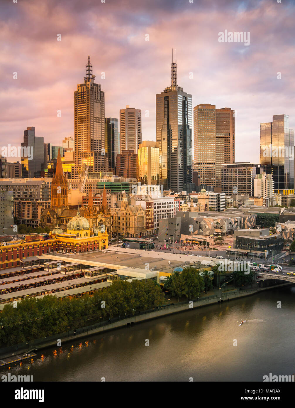 Skyline of Melbourne along the river Yarra from a high vantage point ...