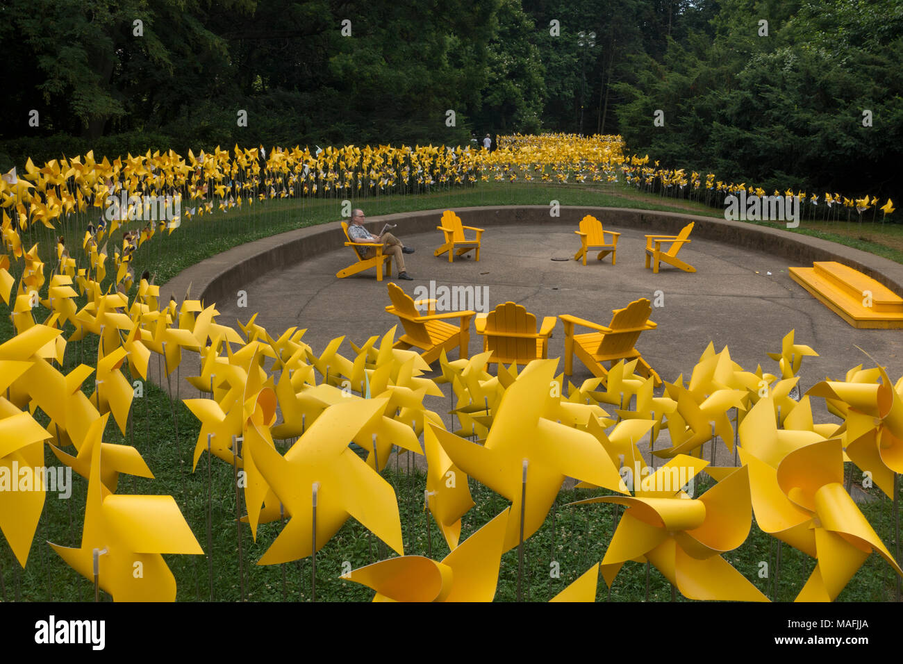 Yellow pinwheel public art project in Prospect Park Brooklyn NYC Stock ...