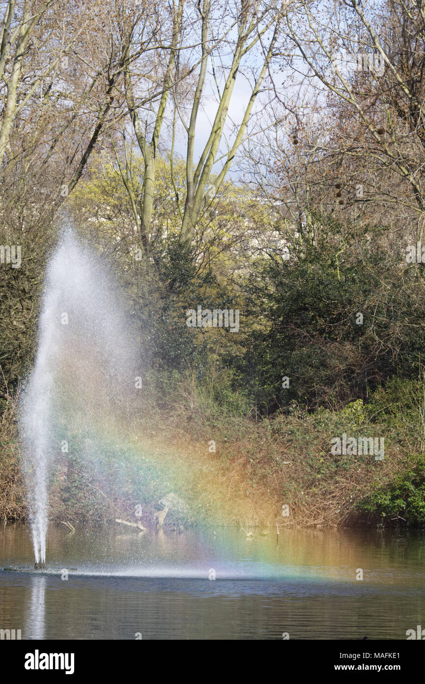 reflection rainbow appearing from a water fountain on a lake Stock ...