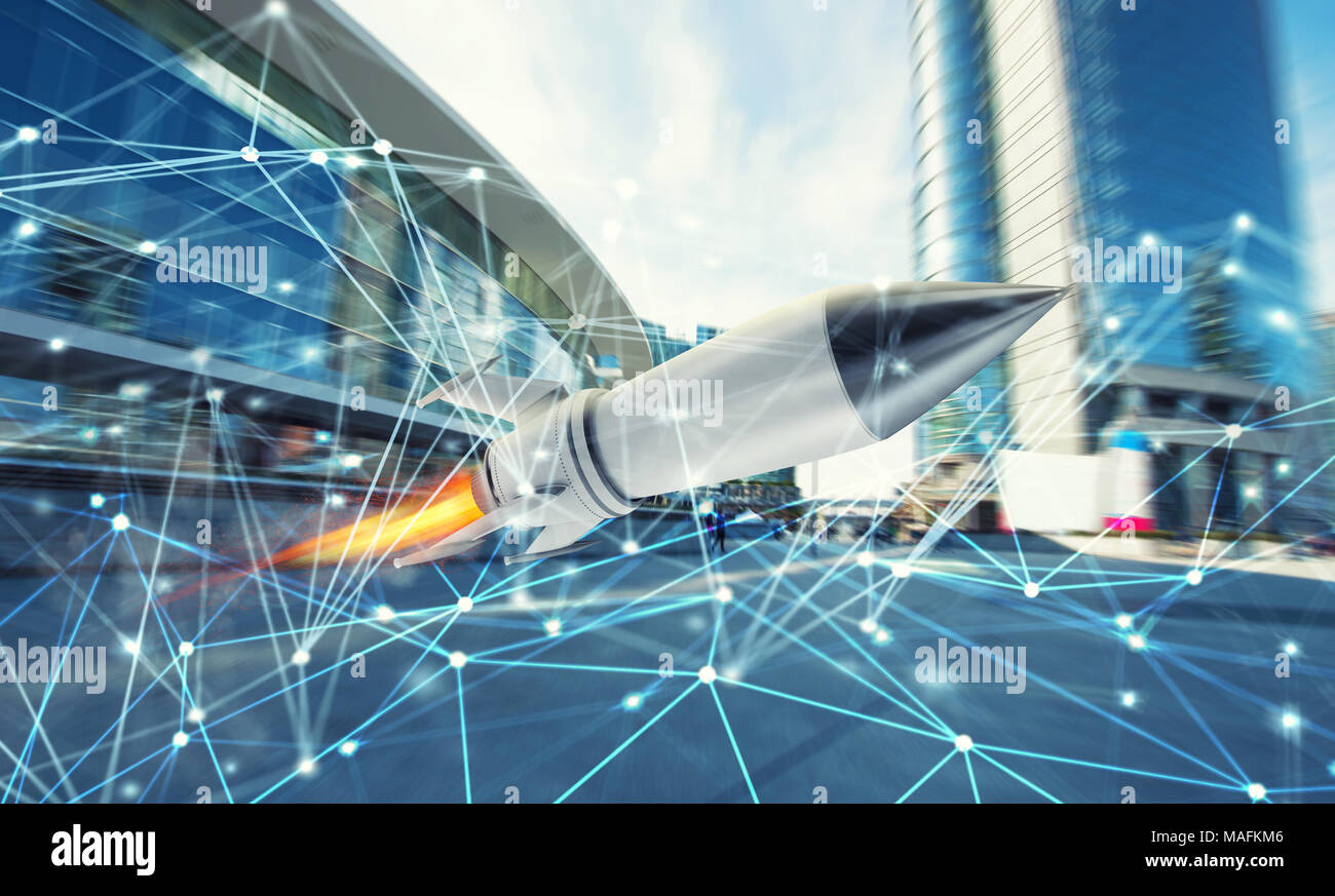 Rocket fly fast with internet connection network background. concept of ...