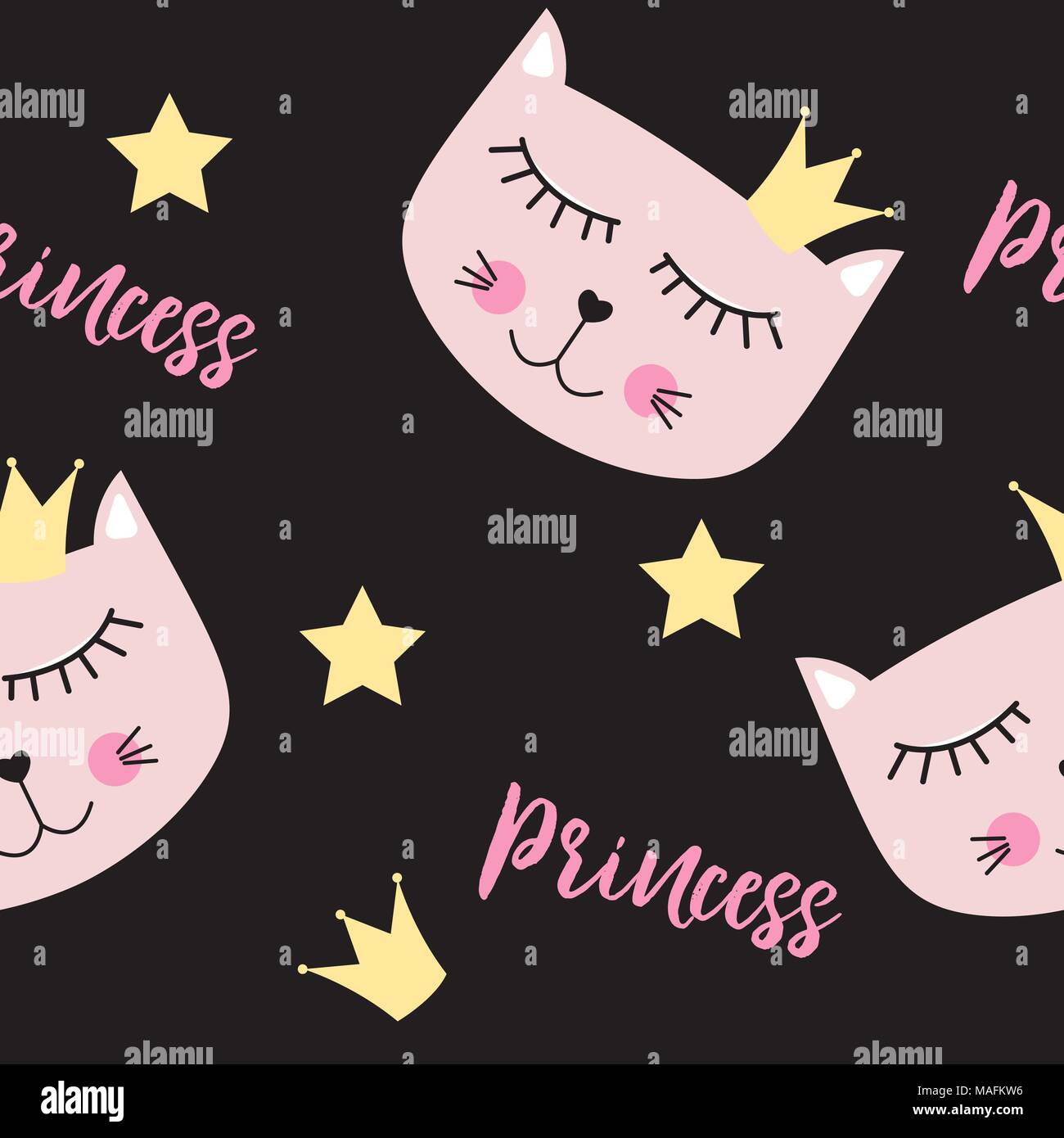 Little Cute Cat Princess Seamless Pattern Background Vector ...