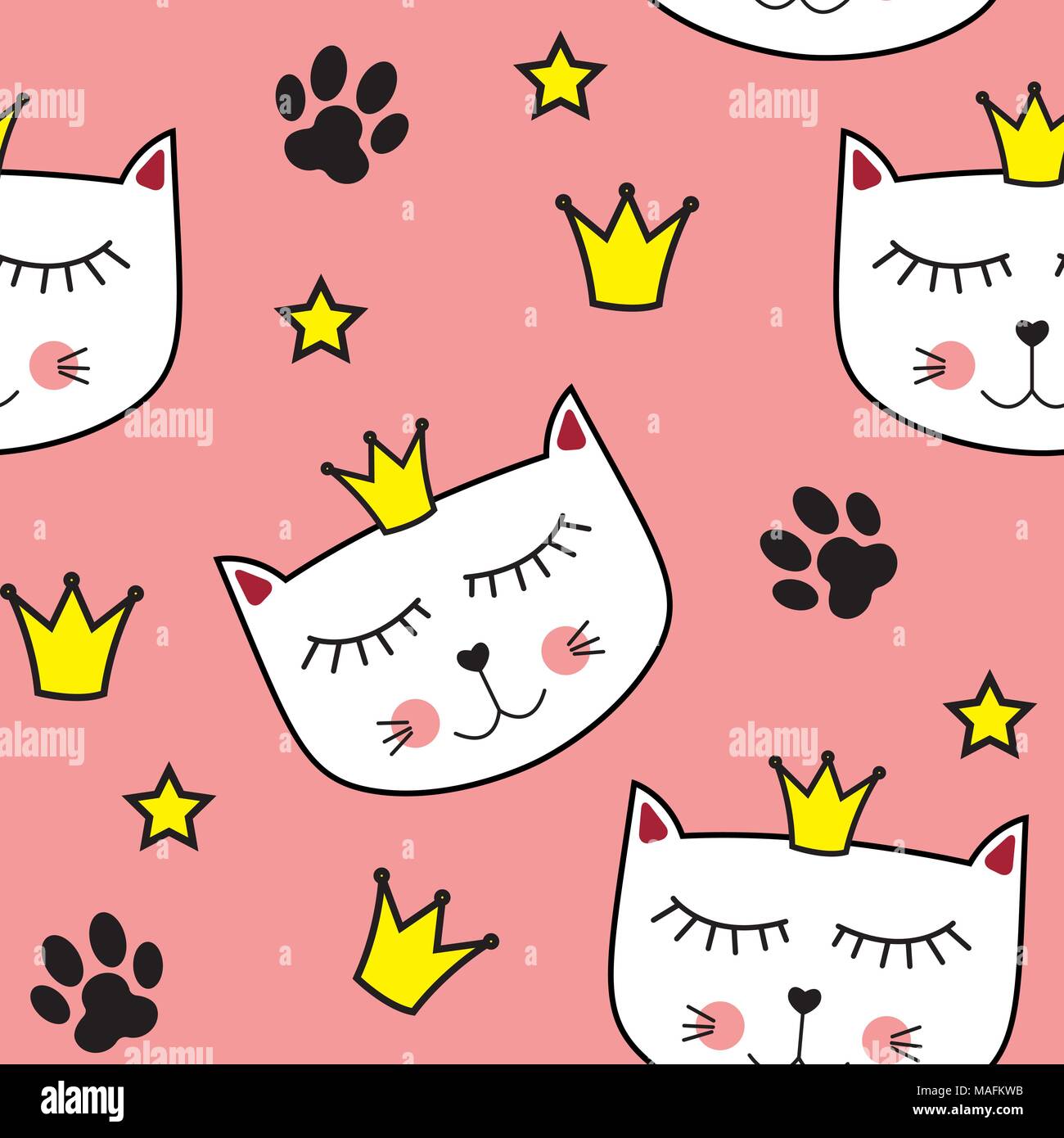 Little Cute Cat Princess Seamless Pattern Background Vector ...