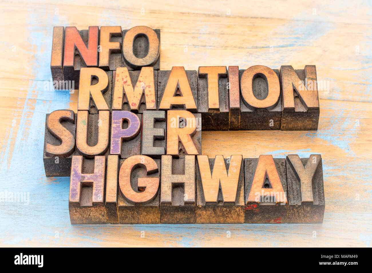 information superhighway word abstract in vintage letterpress wood type ...
