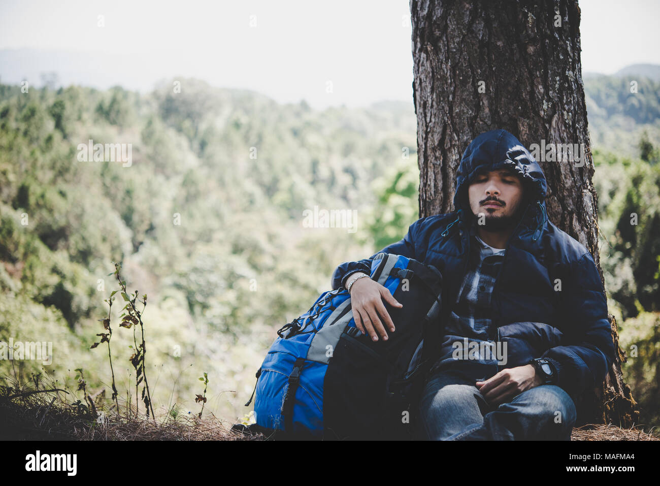 Portrait of young beard man sitting alone by a tree with backpack ...