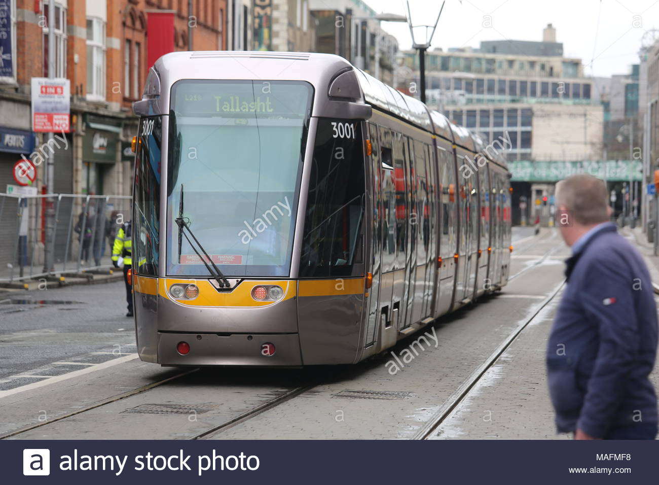 A Luas tram in inner Dublin, Ireland at a time when the Luas system has ...