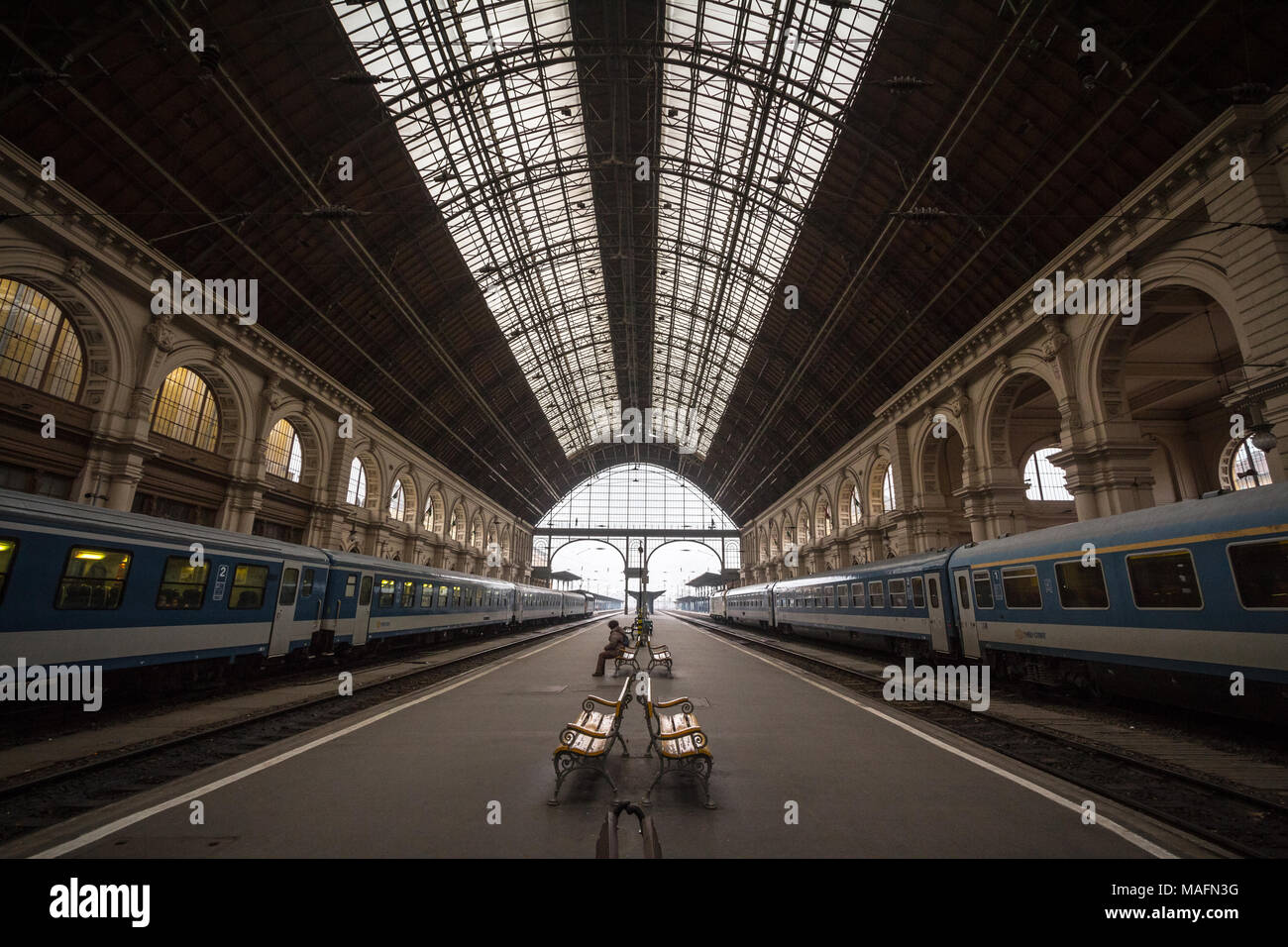 BUDAPEST, HUNGARY - DECEMBER 18, 2016: Trains departing from Budapest ...