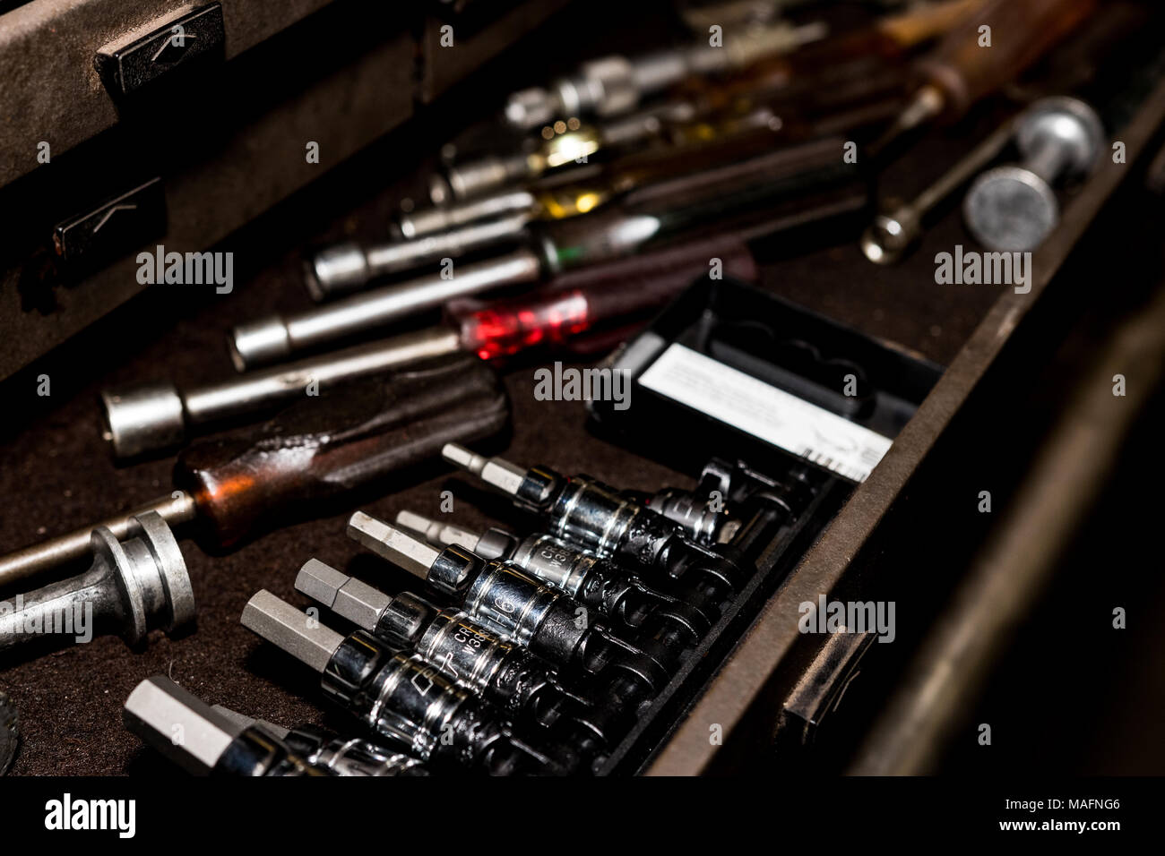 Tool box drawer with hex sockets, nut drivers, and various tools ...