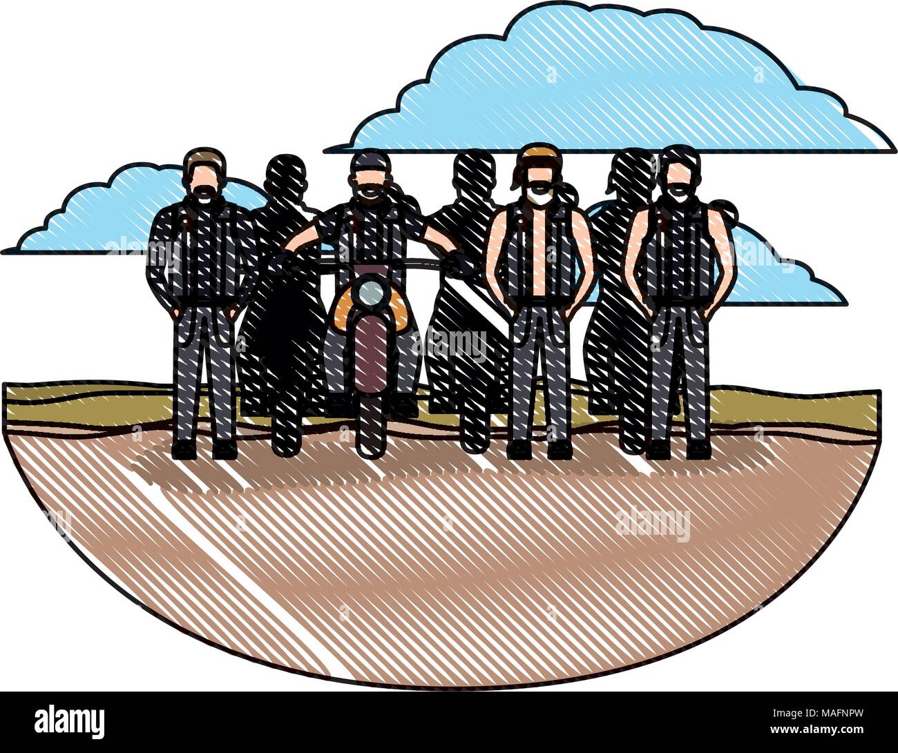 group of bikers in the classic motorcycle scene character Stock Vector ...