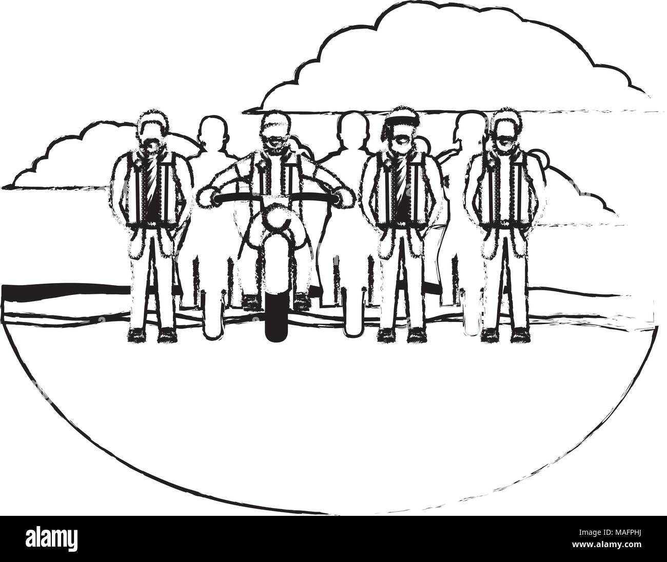 group of bikers in the classic motorcycle scene character Stock Vector ...