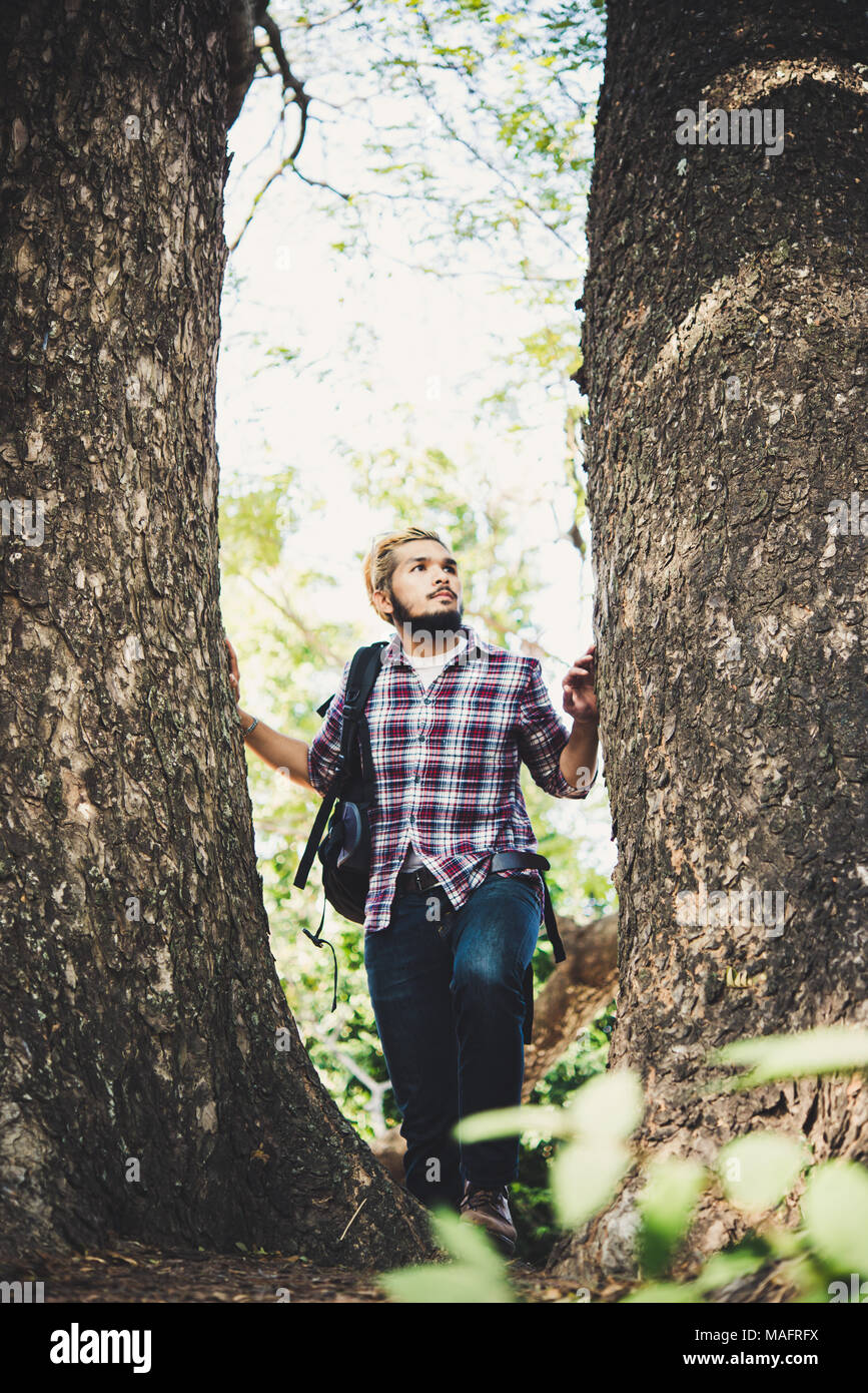 Man hiker looking to the side walking in forest. Hiking adventure with ...