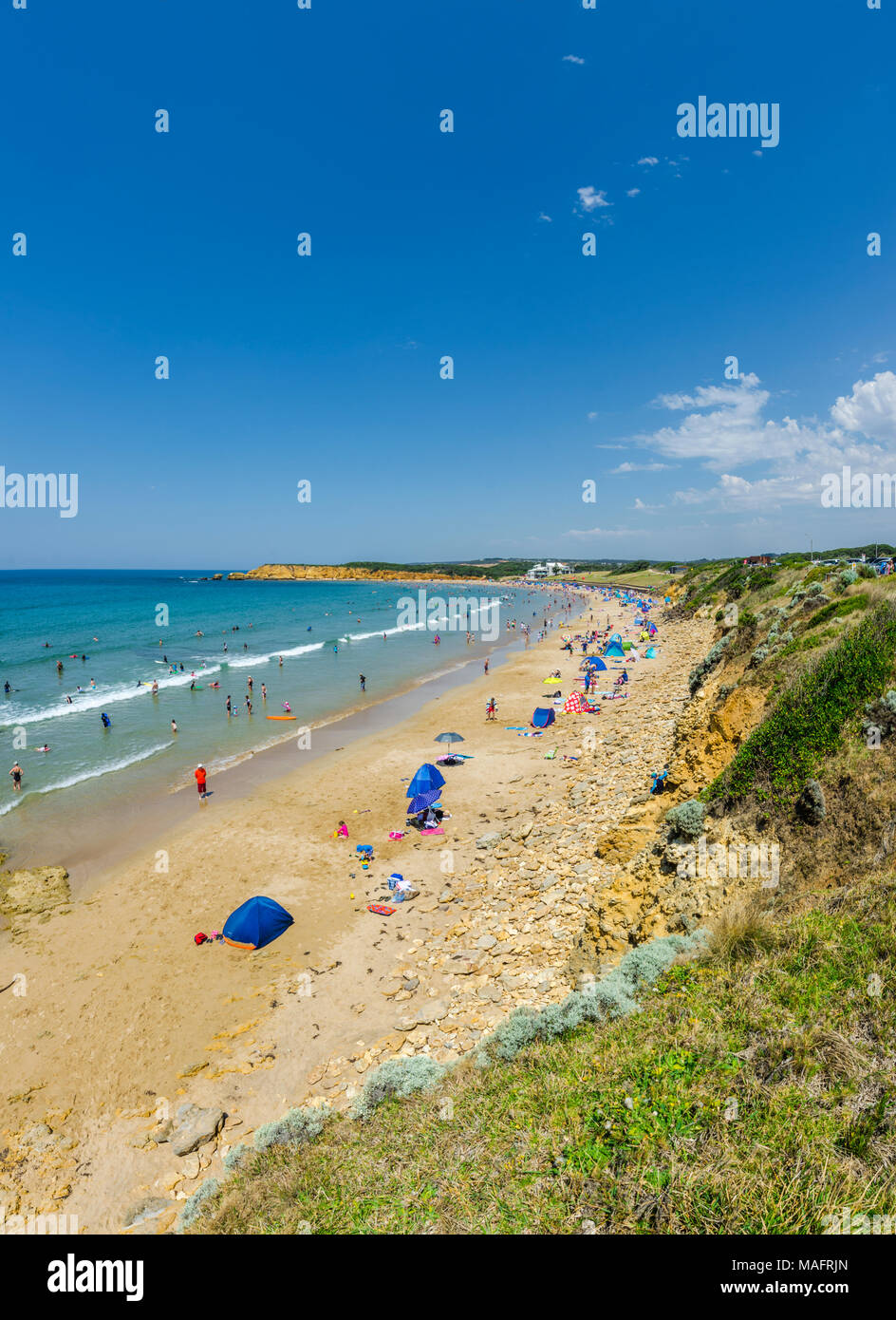 A summer’s day at Back Beach, with Torquay Surf Lifesaving Club and ...