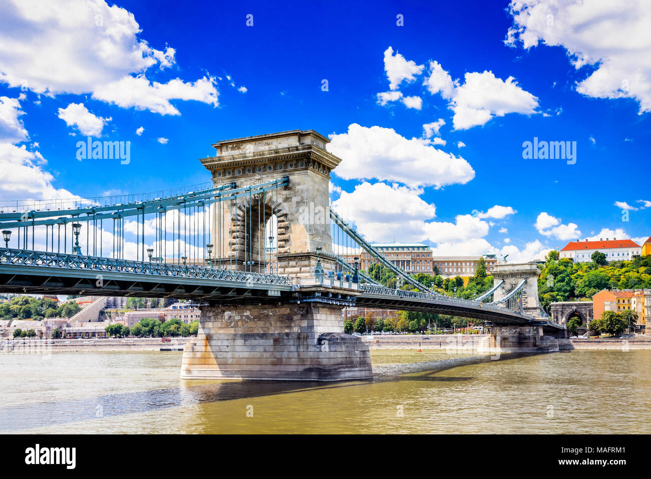 Budapest, Hungary. Szechenyi or Lanchid Chain Bridge, first stone ...