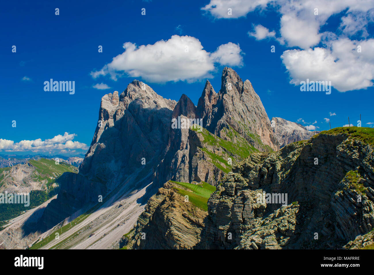 alpine mountain peak in Italy Alps, Seceda Odle. Dolomites Stock Photo ...