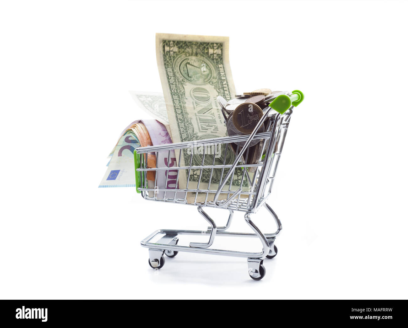 shopping cart full of money banknotes and coins for shopping. isolated ...