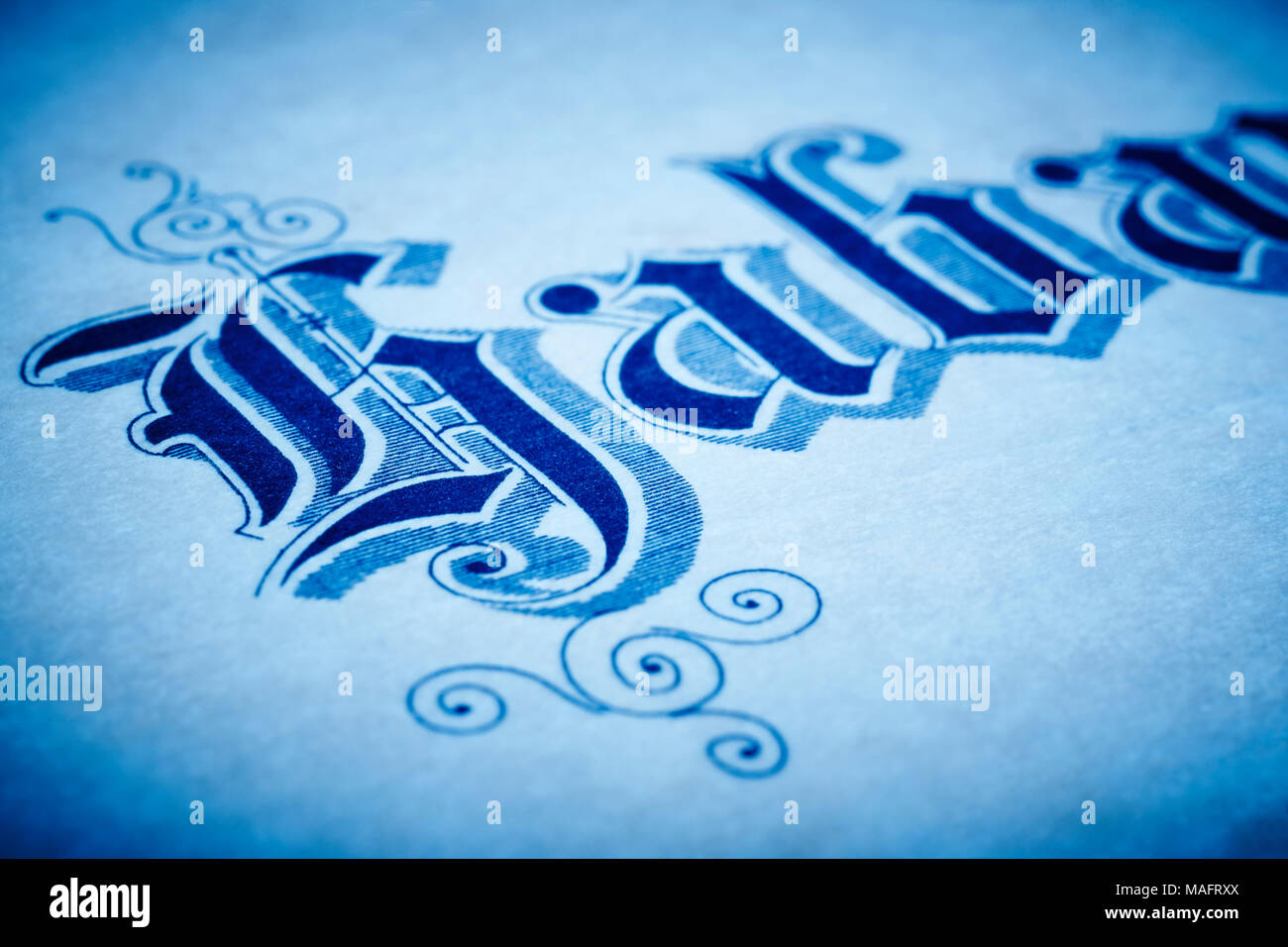 Antique typography in blue tone. Retro design text. Ornament letter ...