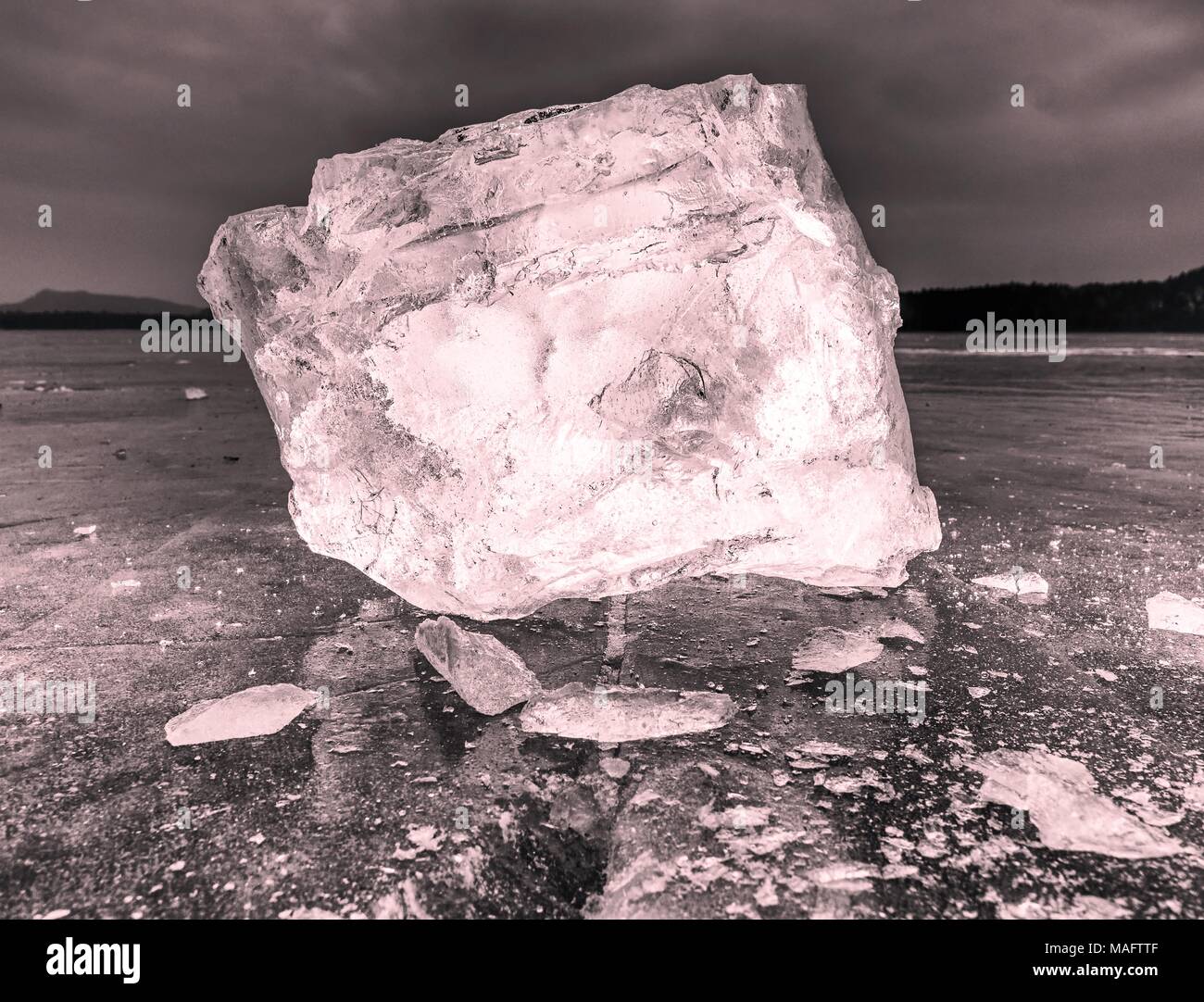 Natural ice blocks. Ice floe breaking due to strong wind against the ...