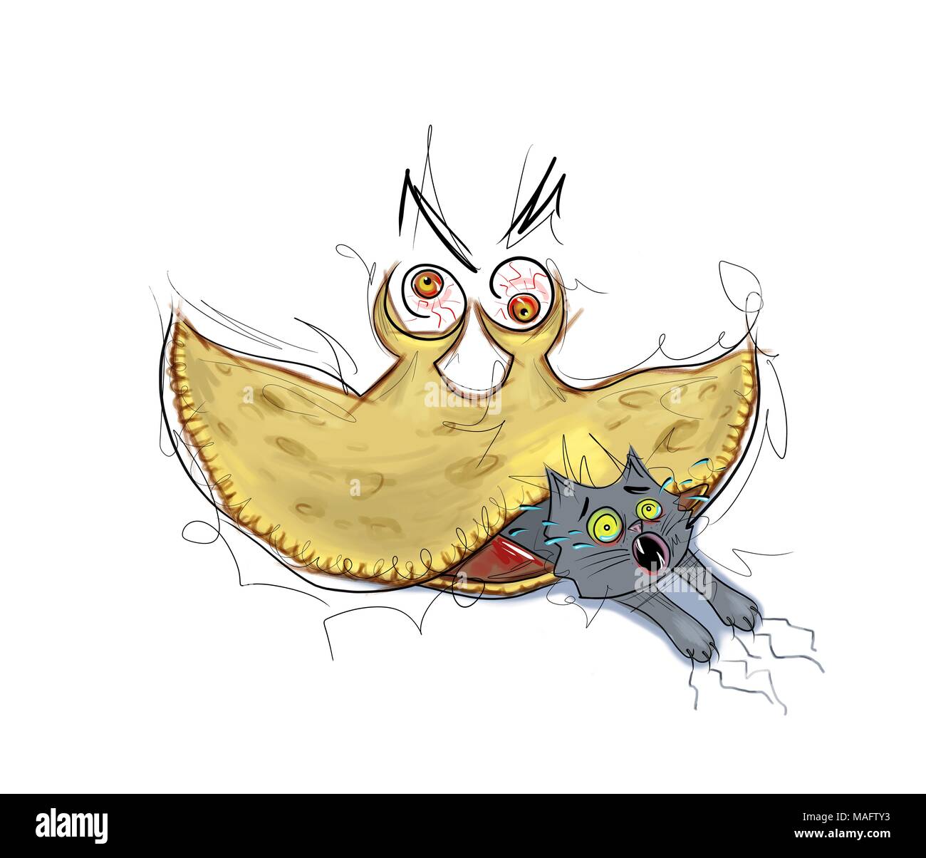 Crazy monstrous meat pie eating cat alive illustration against meat ...