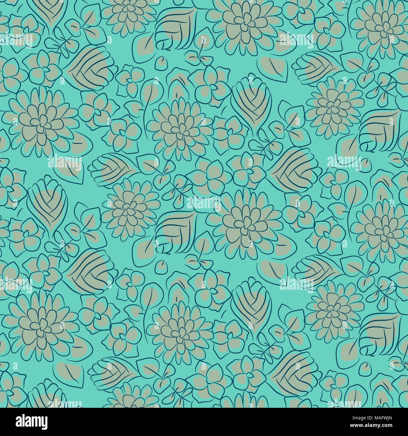 Handdrawn flower dense turquoise line seamless pattern Stock Vector ...