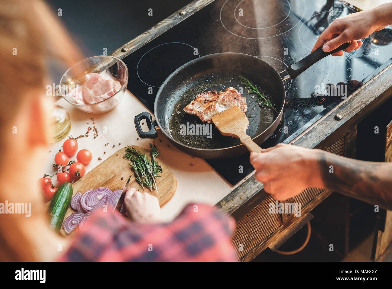 View from above. Two people cooking . Indoor, kitchen home interior ...
