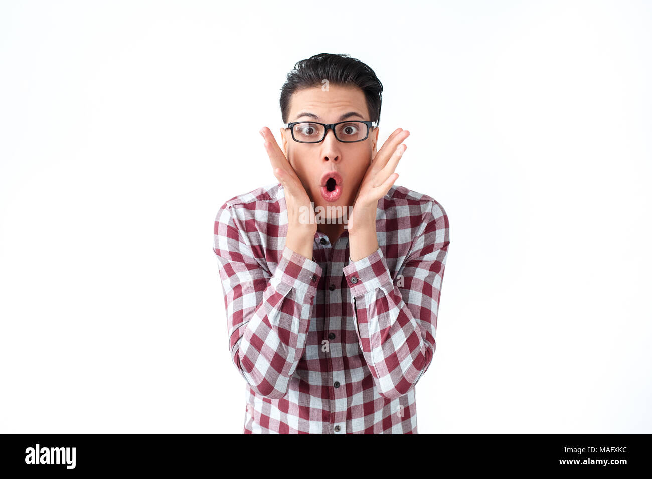 Surprised man with shocked face scream and shouting. Funny emotions and ...