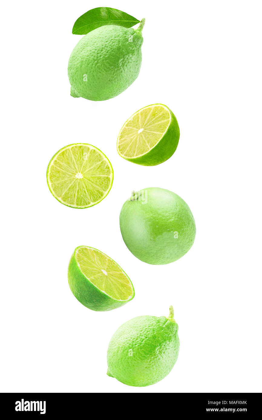 Isolated flying citrius. Fresh falling lime isolated on white ...