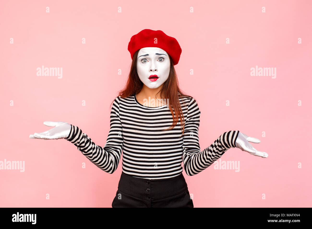 Woman don't now what hapend, have puzzled unhappy look. Clown, artist ...