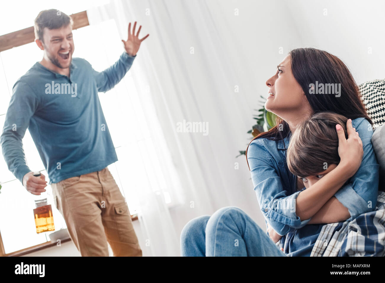 Family social problems domestic violence concept man holding whiskey ...