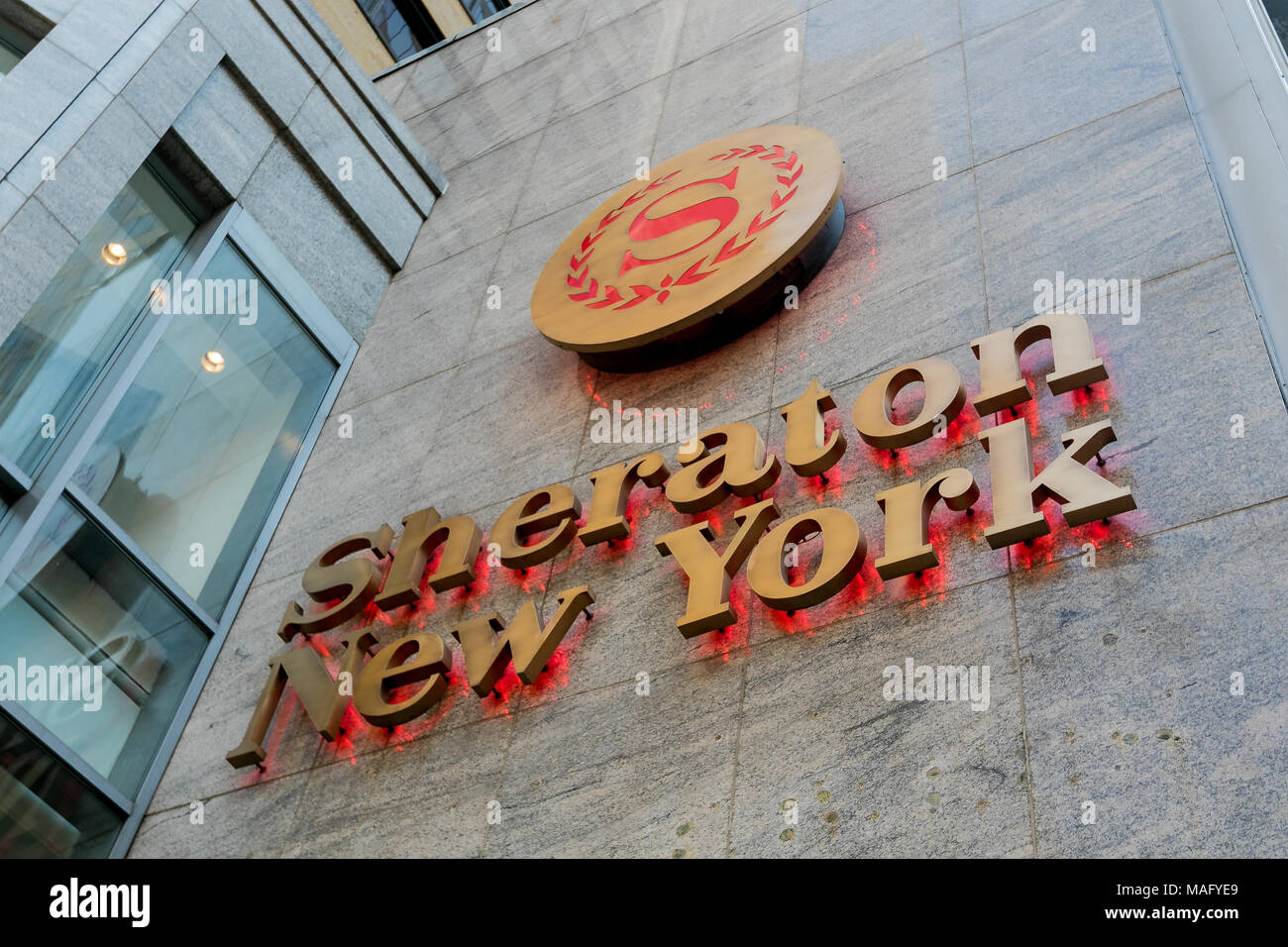 New York, March 15, 2018: Sheraton Hotel logo on exterior of their ...