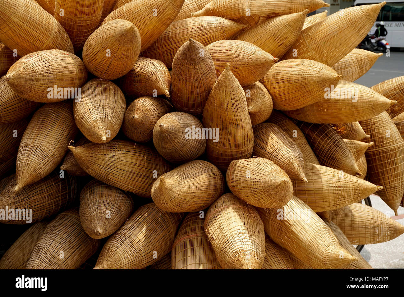 Bamboo fish traps being sold in Vietnam (Ho chi Minh City). Used for ...