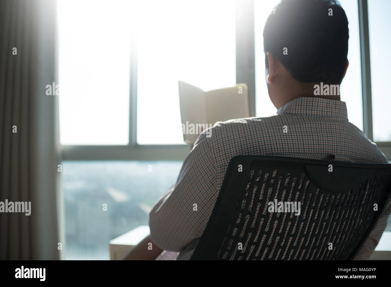 Man smiling relaxing and enjoying sky the window man keeping eyes ...