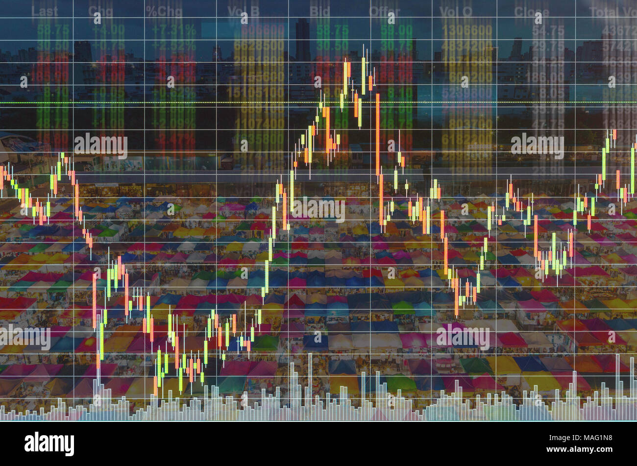 Stock market exchange information and Trading graph on the cityscape at ...