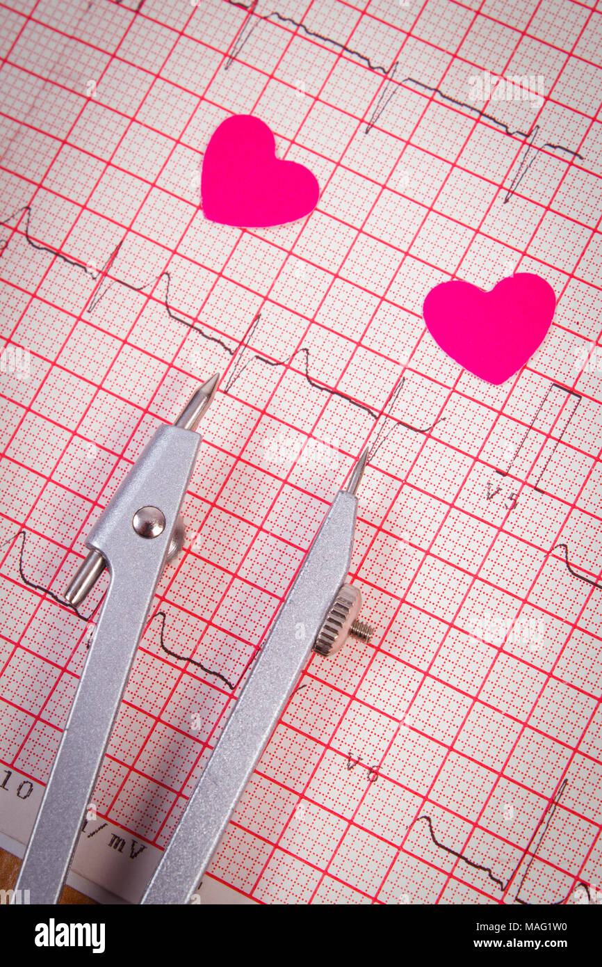 Hearts of paper and calipers on electrocardiogram graph, ecg heart ...