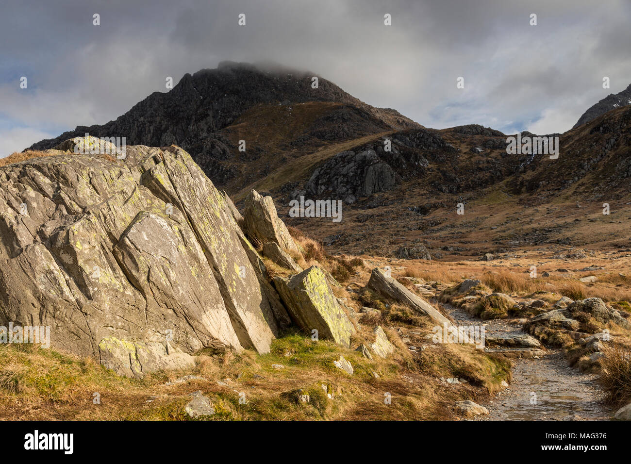 Tryfan mountain with cloud and rocks, Snowdonia, North Wales Stock ...