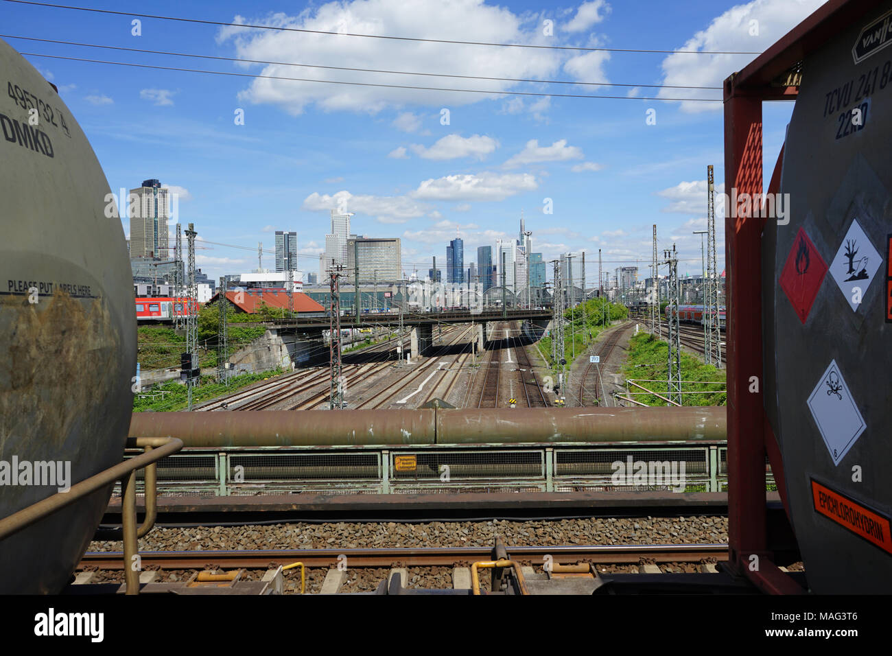 Two Waggons of a Freight Train, Skyline, Frankfurt, Germany Stock Photo ...