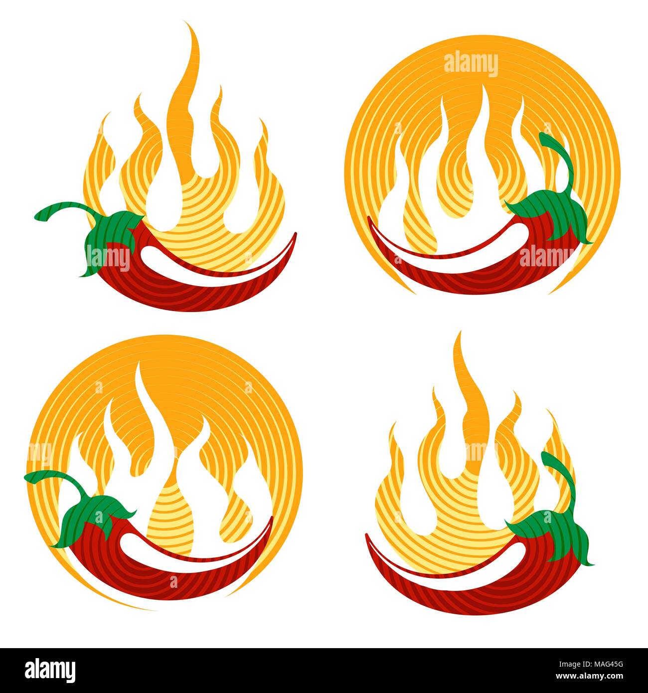 Chili pepper emblems. Hot peppers in fire vector icons Stock Vector ...