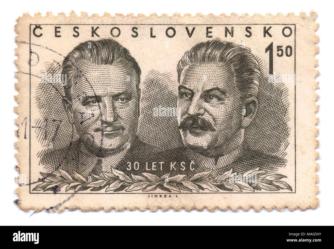 Stamp printed in Prague shows Joseph V. Stalin and Klement Gottwald (Cz ...