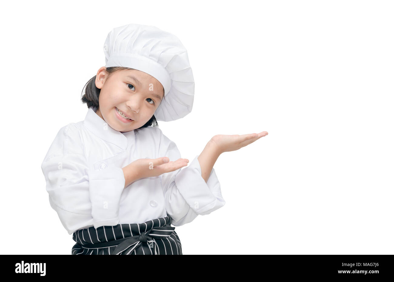 cute little kid chef showing and presenting. child chef isolated on ...